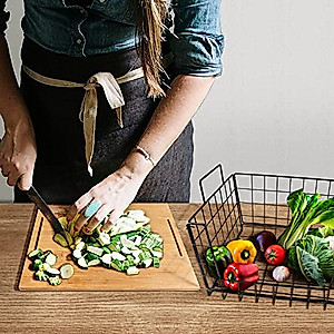 Stackable Wire Storage Baskets, TOBEFORT Fruit Basket for Kitchen Large Metal Bin for Cabinet Pantry Organization and Storage, Nesting Rectangular Basket with Wood Lid, Black