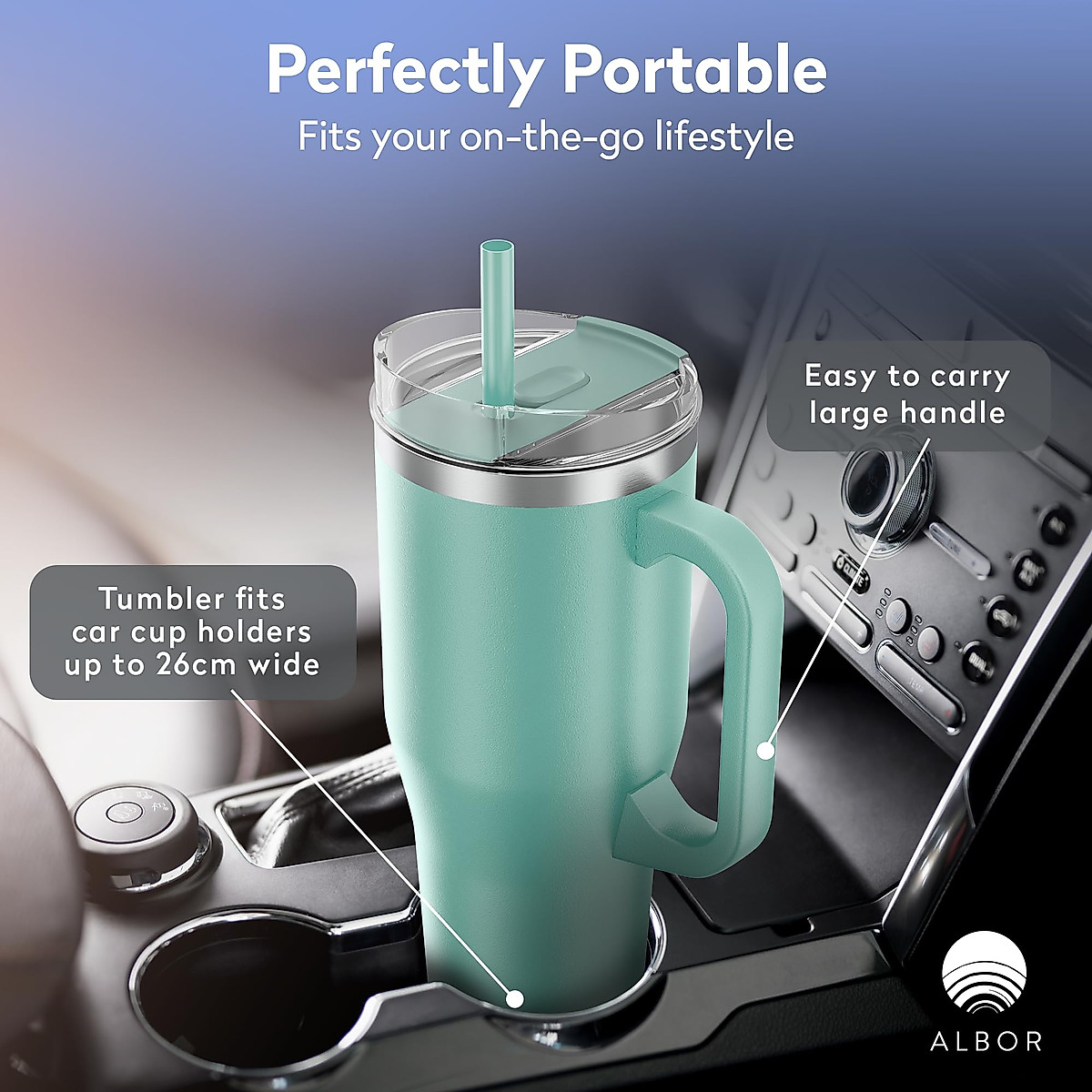 ALBOR 40 oz Tumbler With Lid and Straw, Leak Proof Durable Stainless Steel Insulated Tumbler With Handle, Spill Proof Water Bottles With Straw (Mint, 40 oz)