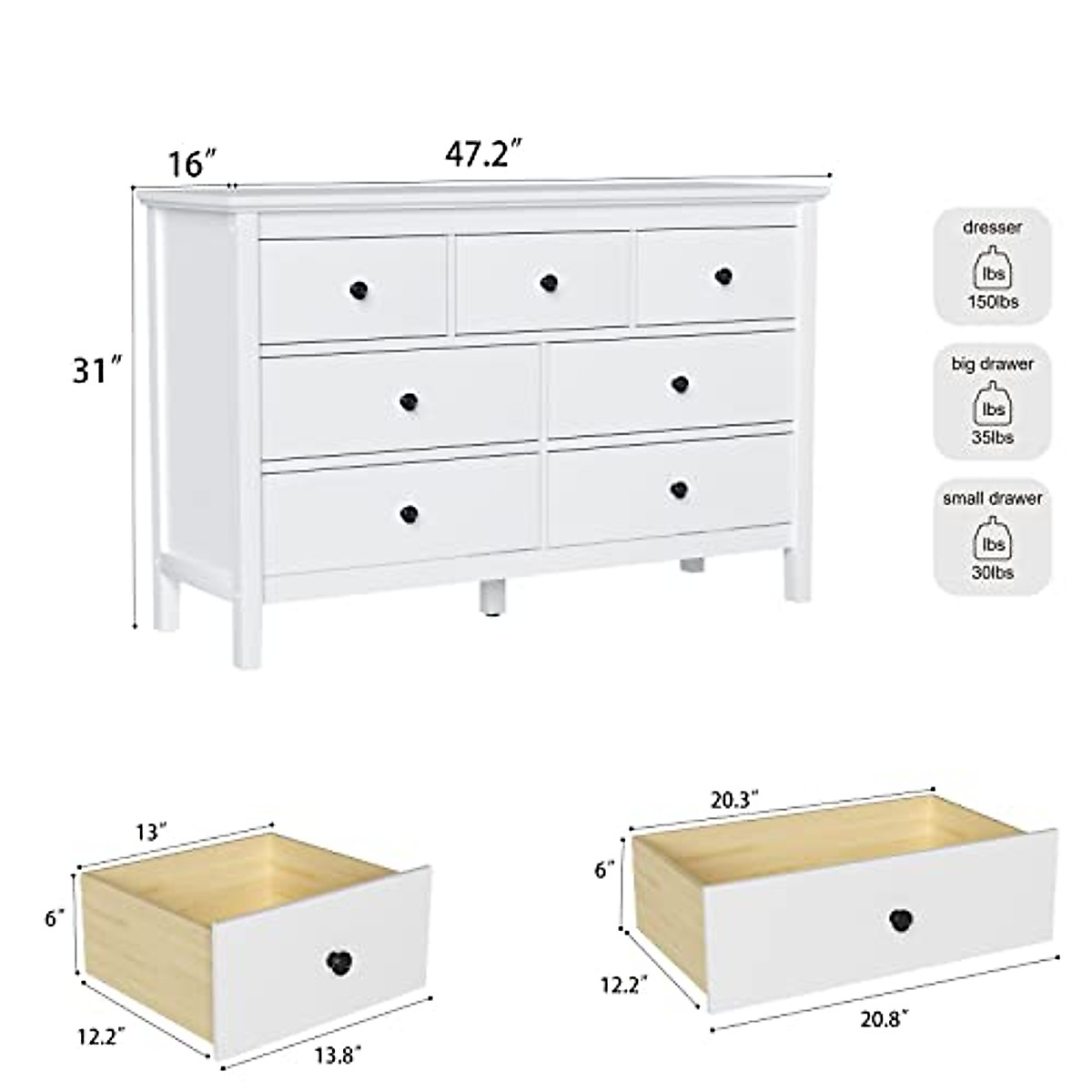 CARPETNAL White Dresser, Modern Dresser for Bedroom, 7 Drawer Dresser with Wide Drawer and Metal Handles