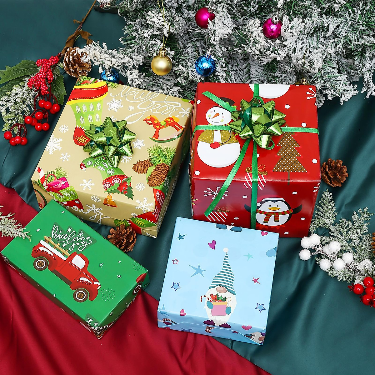 U'COVER Christmas Wrapping Paper for Kids Boys Girls 8 Large Sheet Xmas Holiday Gift Wrapping Paper Penguin Snowman Red Truck Gnomes Stocking Wrap Paper Fold 27 * 36inch