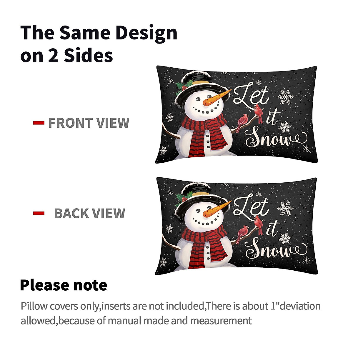 Let it Snow Christmas Black Lumbar Pillow Covers 12X20 Inch Xmas Snowman Snowflake Decorative Rectangle Pillow Cases Set of 2 Winter Holiday Home Decor Cotton Linen Throw Pillows For Couch Outdoor