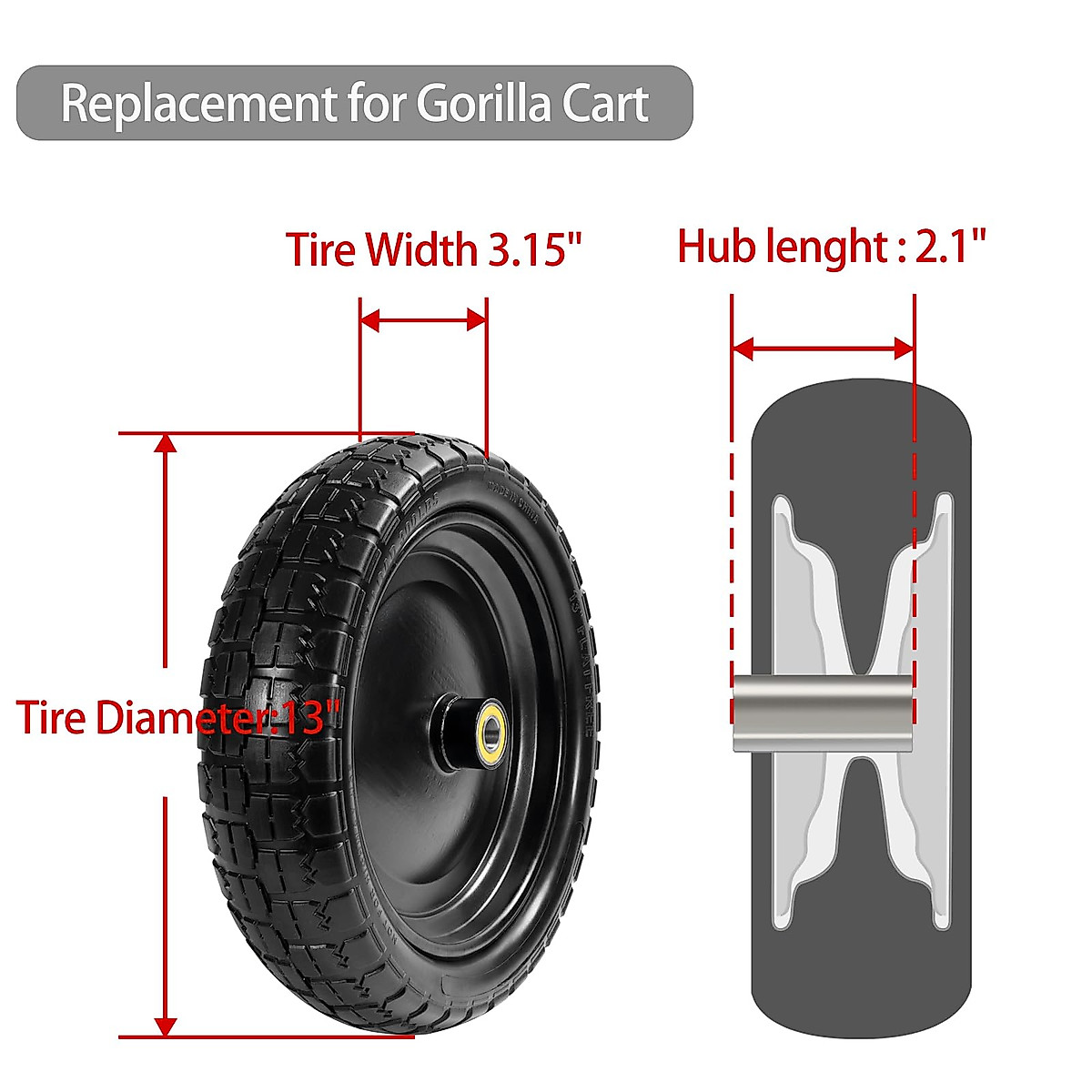 LTNICER 13" Tire Compatible with Gorilla Cart, 4.00-6 Flat Free Solid Tire and Wheel (Solid Polyurethane) for Wagon,Wheelbarrow,Yard Trailers-5/8" Bearings,Offset Hub 2.1" (2 Pack)