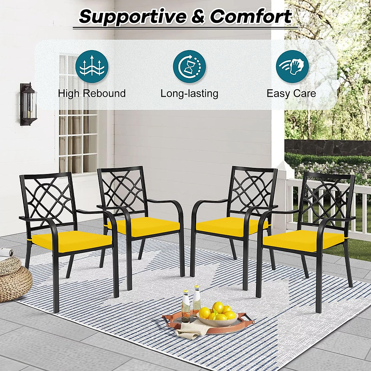 Basic Beyond Outdoor Chair Cushions for Patio Furniture, Waterproof Outdoor Cushions, Square Corner Patio Chair Cushions Set of 4 with Ties, 18.5"x16"x3", Yellow