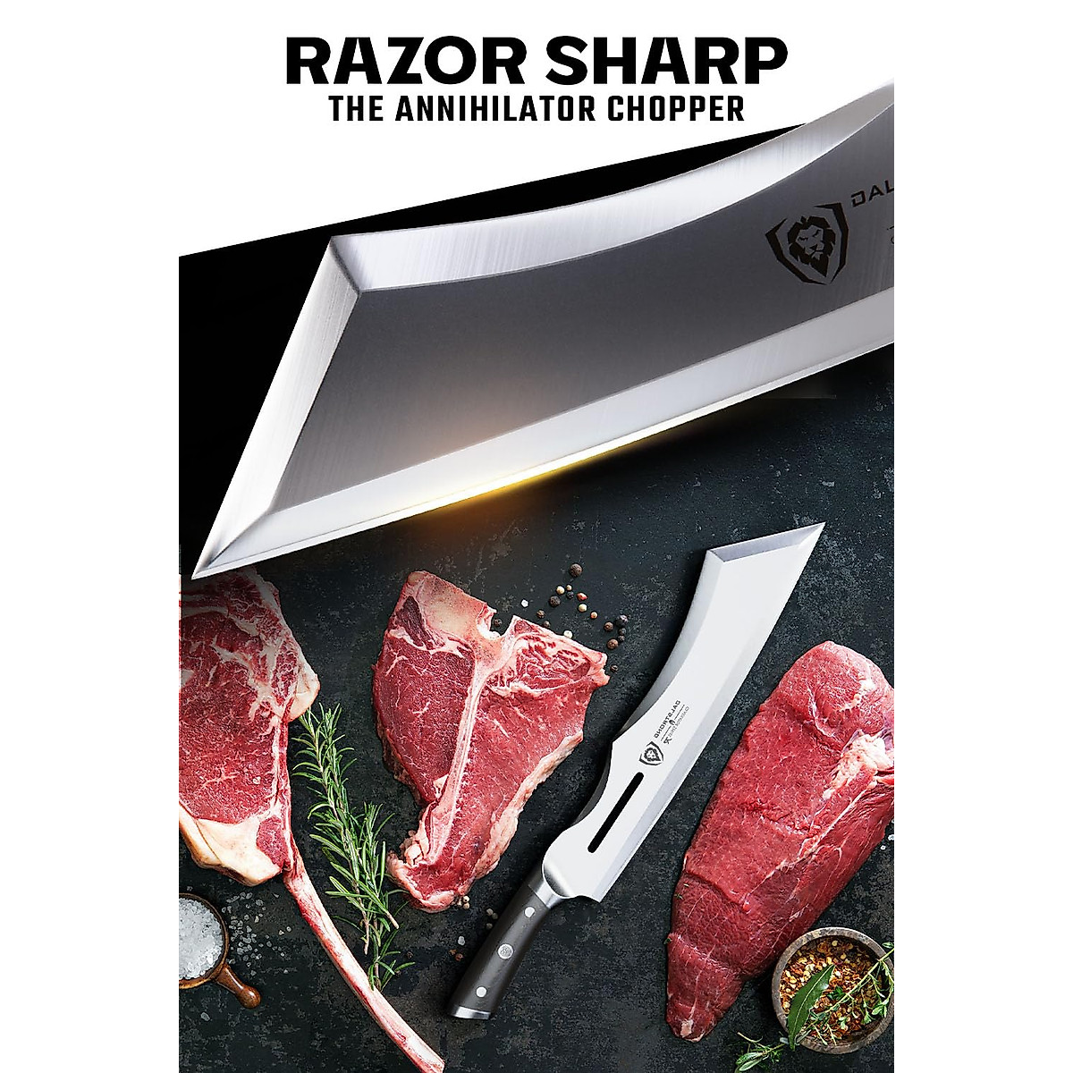 Dalstrong Heavy Duty Butcher Breaking Knife - 14 inch Cleaver Knife - Gladiator Series R - The 'Annihilator' - 7CR17MOV High Carbon Steel - Razor Sharp - G10 Handle - w/Stand & Sheath - NSF Certified