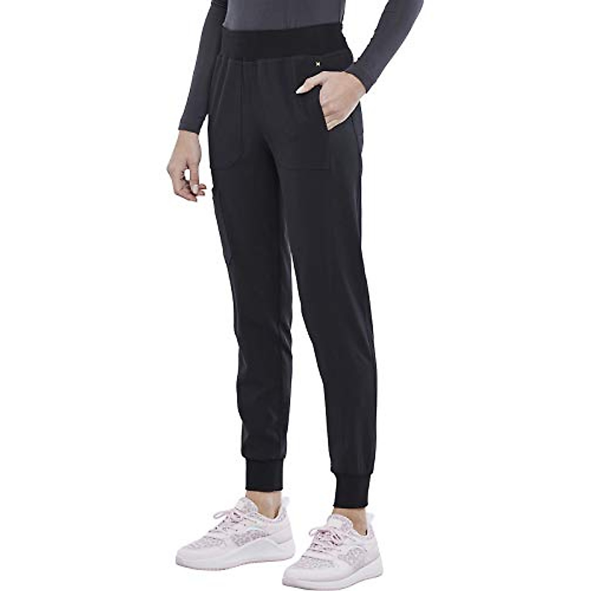 Iflex Jogger Scrubs for Women, Yoga-Inspired Knit Waistband Scrub Pants CK011, M, Black