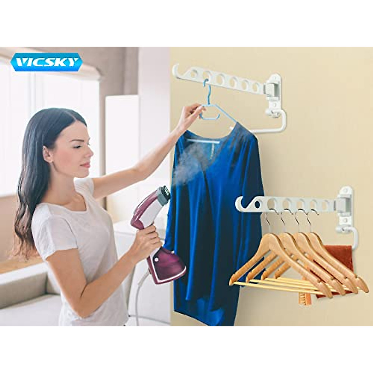 VICSKY Wall Mounted Laundry Hanger Rack (White), Small Drying Rack with 6 Holes, 180° Swing Arm and 90° Folding, Sturdy Hanging Clothes, Safe and Space Saver, Valet Hook, Solid Aluminum