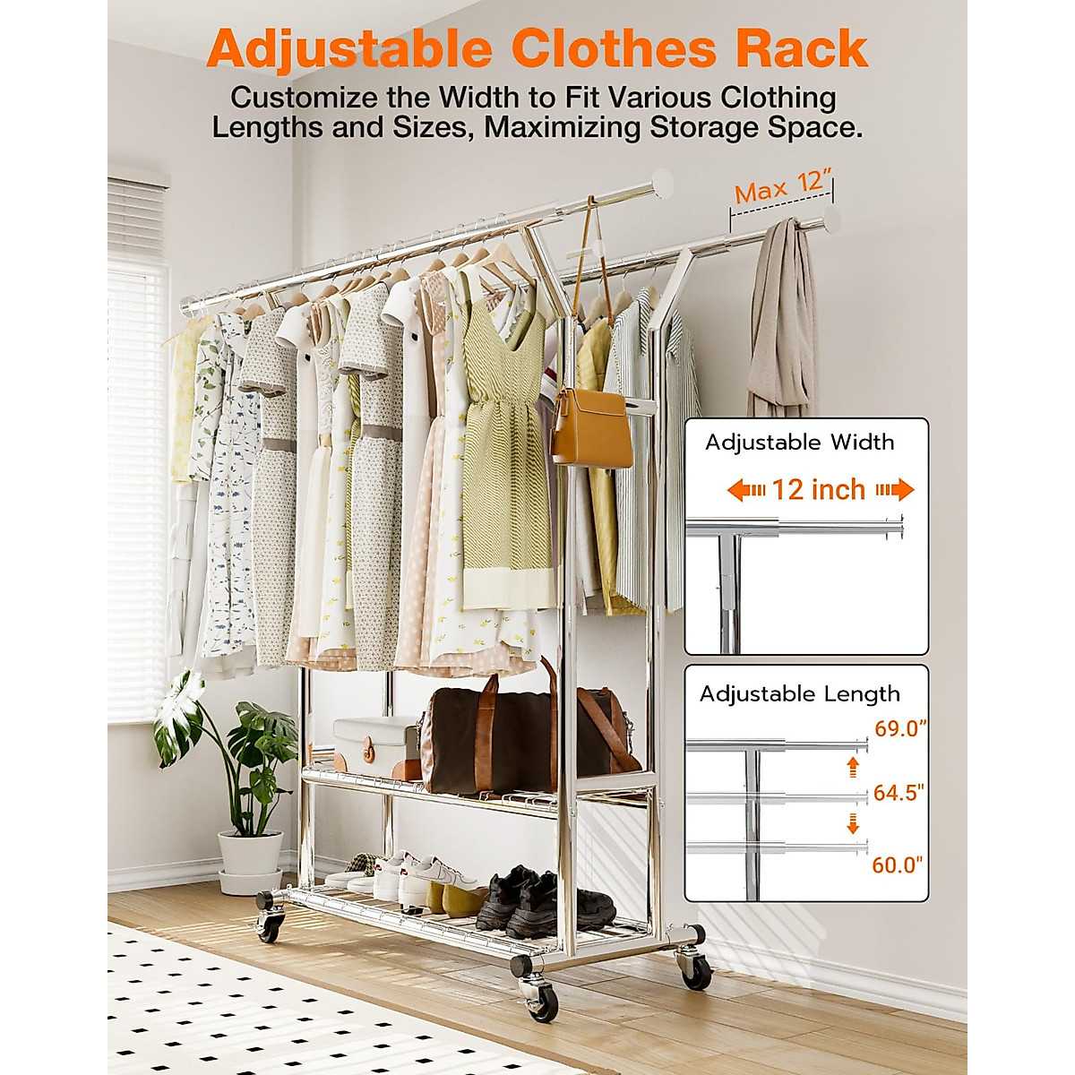 XBurmo Heavy Duty Clothing Rack - Portable Rolling Clothes Rack with Wheels, Adjustable Garment Racks for Hanging Clothes, Free Standing Metal Clothing Rack for Home, Commercial, Laundry Room, Silver