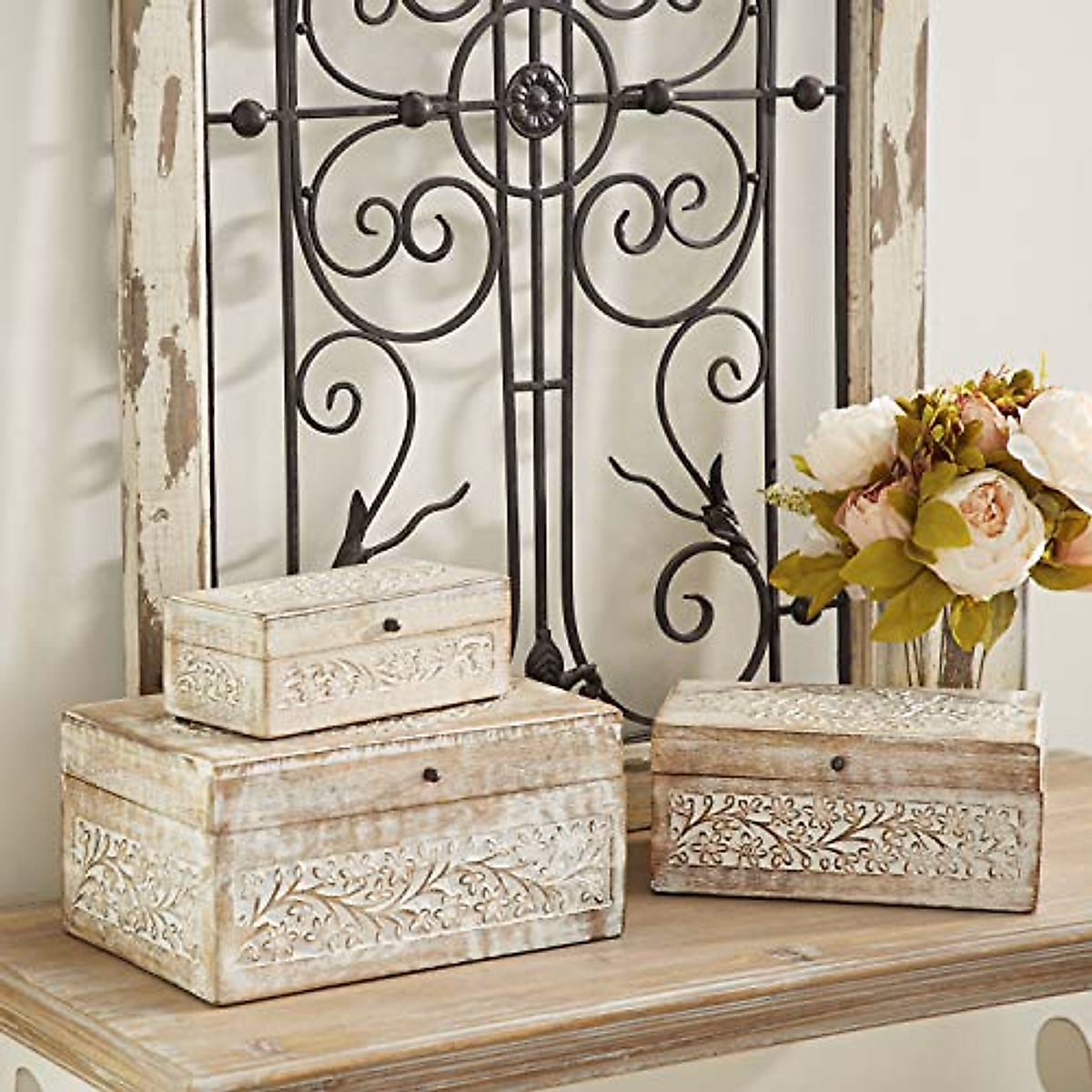 Deco 79 Mango Wood Floral Box with Hinged Lid, Set of 3 8", 10", 12"W, Brown