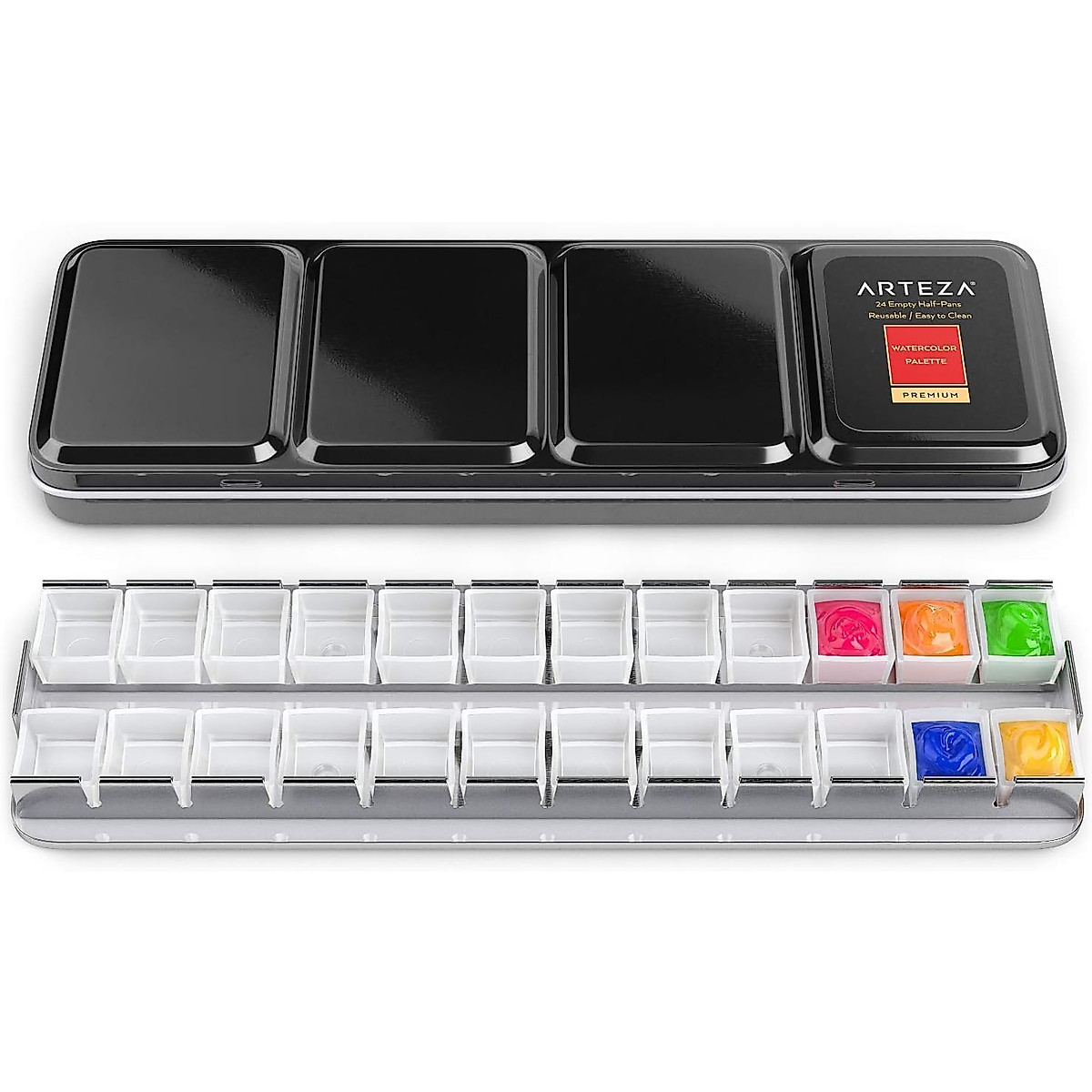 ARTEZA Empty Watercolor Palette Tin, 24 Half Pans, Customizable Portable Empty Half Pans for Watercolor Paints
