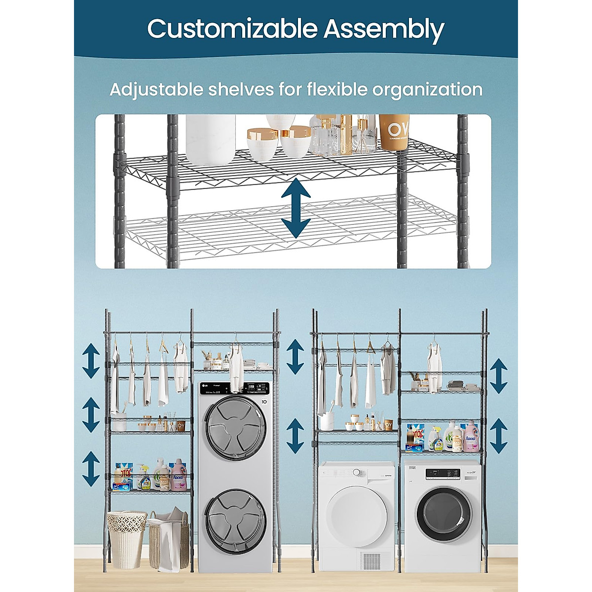 YORKING Clothes Drying Rack, Over The Washer and Dryer Storage Shelf with Adjustable Shelves, Space Saving Drying Rack for Laundry Room Easy Storage