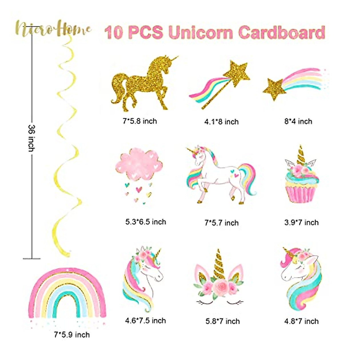 NICROHOME Unicorn Party Decorations, 30PCS Unicorn Hanging Swirl with Glitter Cardboard, Unicorn Birthday Decorations for Girls