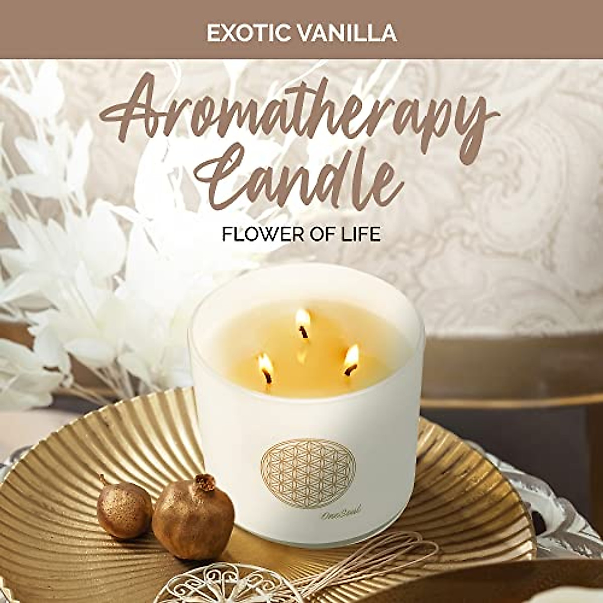 Large Exotic Spiced Vanilla Candle, Scented Candles for Home, Hand-Poured Aromatherapy 3 Wick Candle for Gift with Flower of Life Design, 50-Hour Burn Time, 14oz OneSoul Collection