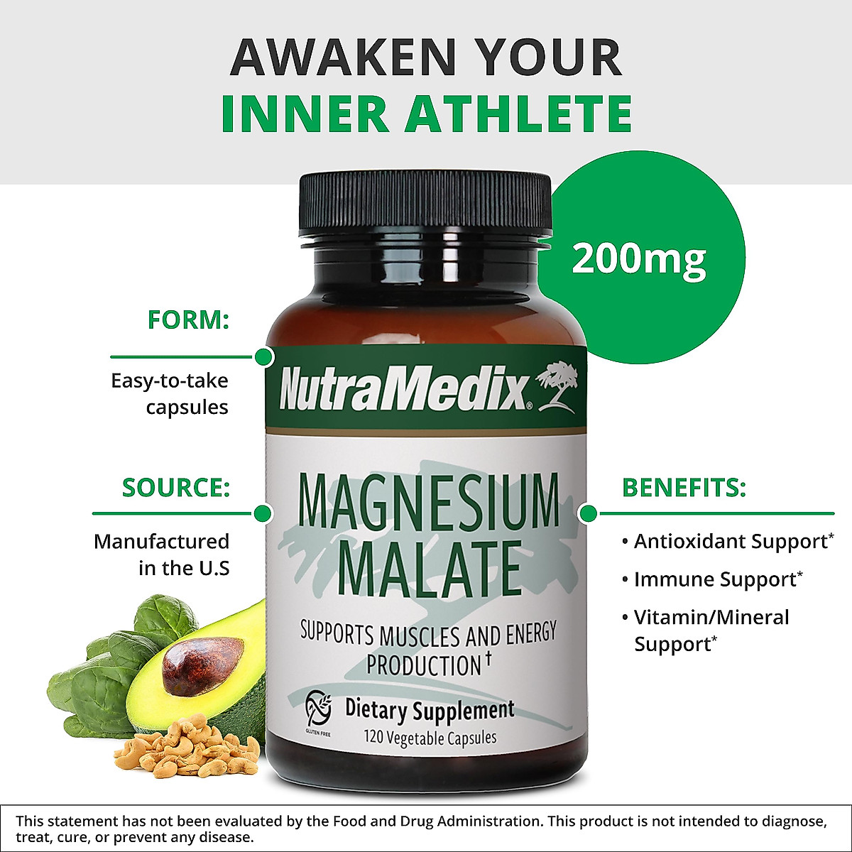 NutraMedix Magnesium Malate Energy Supplements - Bioavailable Magnesium for Sleep, Immune Support & Joint Health - Vegan, Non-GMO & Gluten-Free Magnesium Supplements (120 Vegetarian Capsules)
