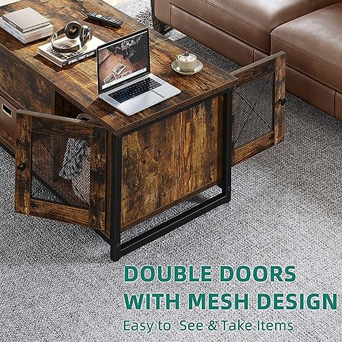 YITAHOME Lift Top Coffee Table, Coffee Table for Living Room,Wood Coffee Table with Storage,Hidden Compartment and Double Metal Mesh Door Cabinet,Rustic Brown