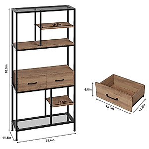 BOTLOG Book Shelf, Tall Bookcase with Storage, 6-Tier Industrial Bookshelf with 2 Wooden Drawers for Home Office and Living Room, Brown