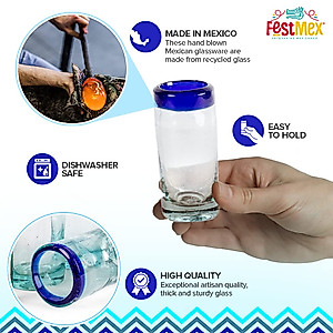 FESTMEX Authentic Hand Blown Mexican Tequila Shot Glasses – Set of 6 Cobalt Blue Rim Tequila Shot Glasses Made from Recycled Glass by Artisans (2 OZ, Cobalt)