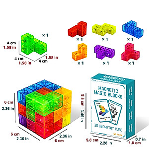 OUXIA Magnetic Building Blocks Magic Magnetic 3D Puzzle Cubes, Set of 7 Multi Shapes Magnetic Blocks with 54 Guide Cards, Children's Educational Toys and Stress Relief Fidget Toys for Kids Adults