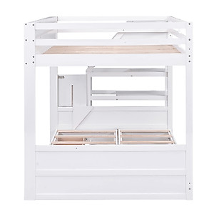 Harper & Bright Designs Full Over Full/Futon Bunk Beds with Stairs and 3 Drawers, Built-in Shelf, Bottom Bed can be Converted into Daybed, Solid Wood Bunk Bed Frame (White)