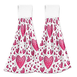 KOCOART Pink Hearts Dots Kitchen Oven Towels Mothers Valentines Day Holiday Hanging Hand Towel with Loop 2 Pieces Super Absorbent Dishcloth Fingertip Tea Bar Dish Towel for Bathroom Tabletop