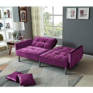 Legend Furniture Velvet Loveseat Futon Convertible Sofa Bed for Living Room and Couch for Bedroom Sofabed Sleeper, 75.5'', Purple