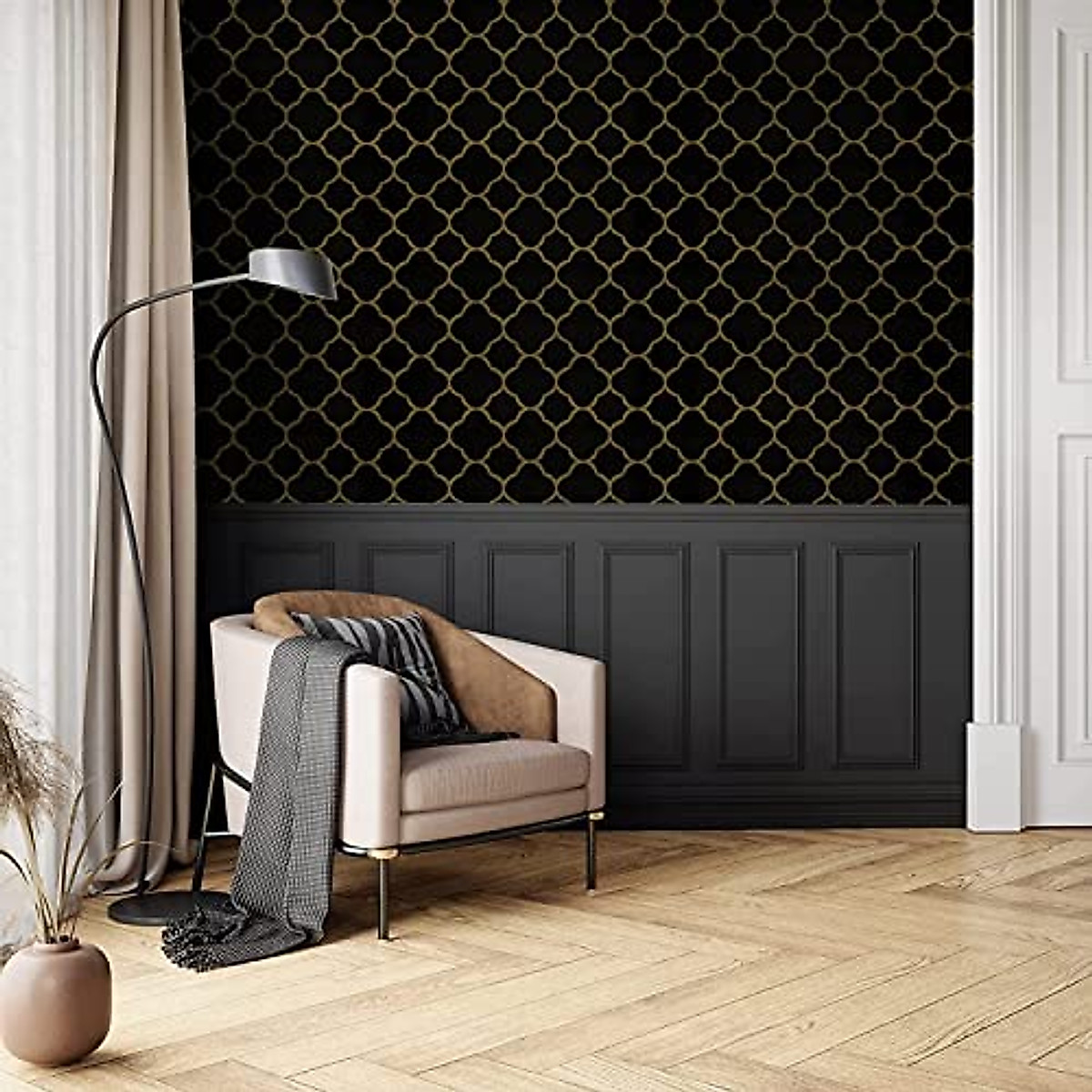 Feisoon 17.7"x118" Black and Gold Wallpaper Geometric Wallpaper Trellis Pattern Peel and Stick Wallpaper Removable Modern DIY Contact Paper Self Adhesive Wallpaper for Living Room Bathroom Decor