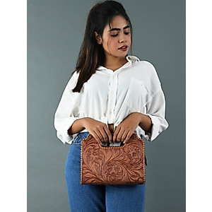 Western Handcrafted Leather Clutch Purse - Vintage Floral Design, Handmade Embossed Handbag for Women
