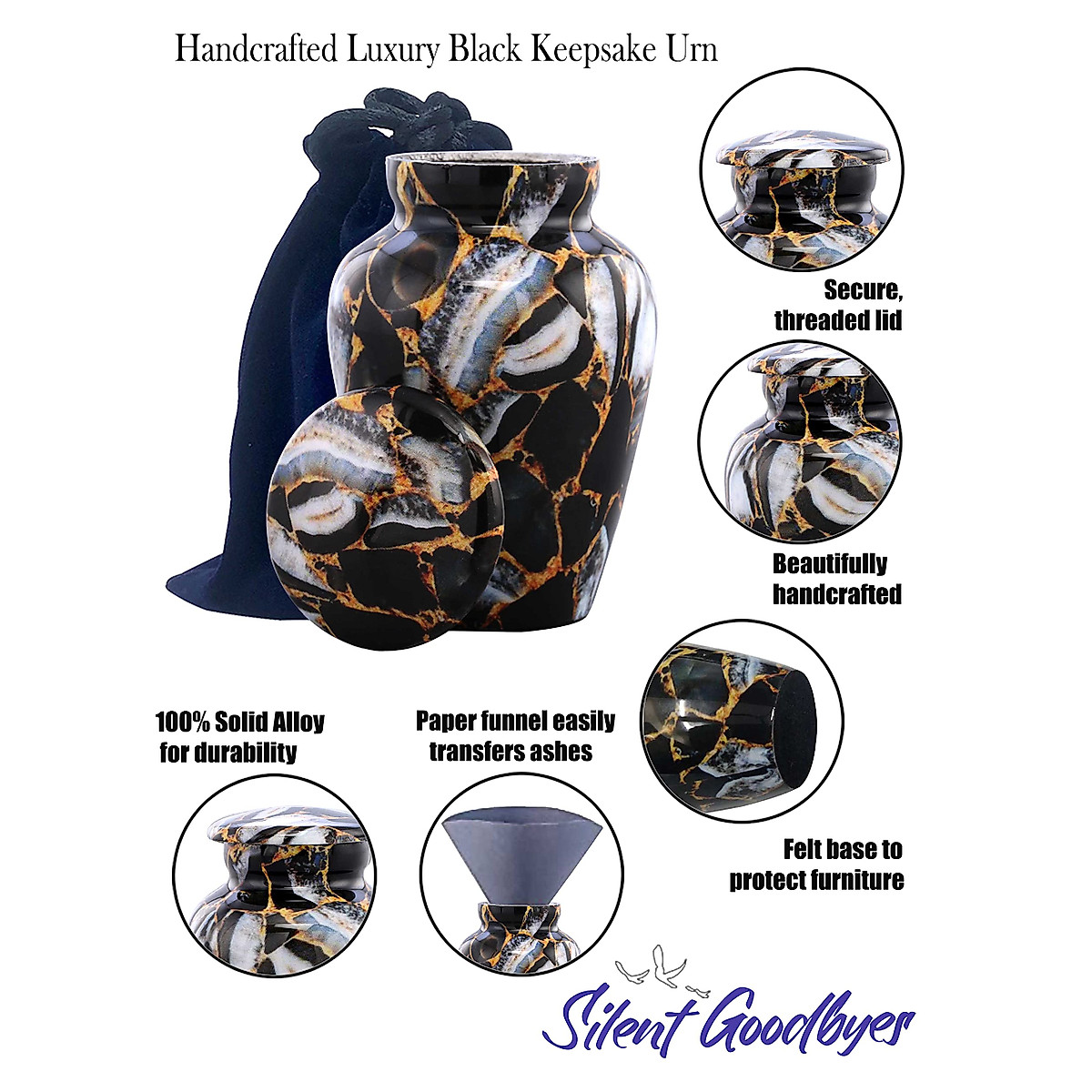 Keepsake Urn | Marble Finish Keepsake Cremation Urn for Ashes | Metal Sharing Urn for Human or Pets Ashes | Mini Memorial Urn with Velvet Bag (Luxury Black)