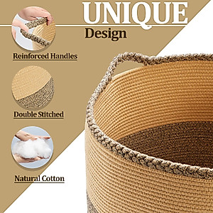 Turnextte Cotton Rope Basket, 22'' X16'' Super Large Blanket Storage Basket, Large Woven Laundry Basket with Reinforced Handles, Blanket Basket Living Room, Black and Brown