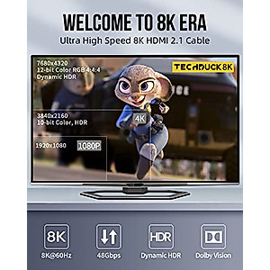 8K HDMI 2.1 Cable 3ft, TechDuck Premium Braided 28AWG High Speed 8K@60Hz 4K@120Hz/144Hz 48Gbp HDMI Cord, Dynamic HDR eARC/ARC Dolby, Certified UHD HDMI to HDMI Cable for Gaming/Monitor/Ultra HD TV