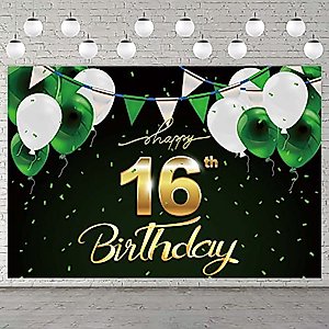 Happy 16th Birthday Black Banner Backdrop Background Photo Booth Props Green White Balloons Theme Decor for Sixteenth Year Anniversary 16 years Old Birthday Party Favors Supplies Decorations
