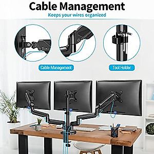 MOUNTUP Triple Monitor Desk Mount, 3 Monitor Stand for Three Max 27 Inch Computer Screen, 4.4-19.8lbs Heavy Duty Gas Spring Triple Monitor Arm Holder, VESA Bracket with Clamp/Grommet Base, Black