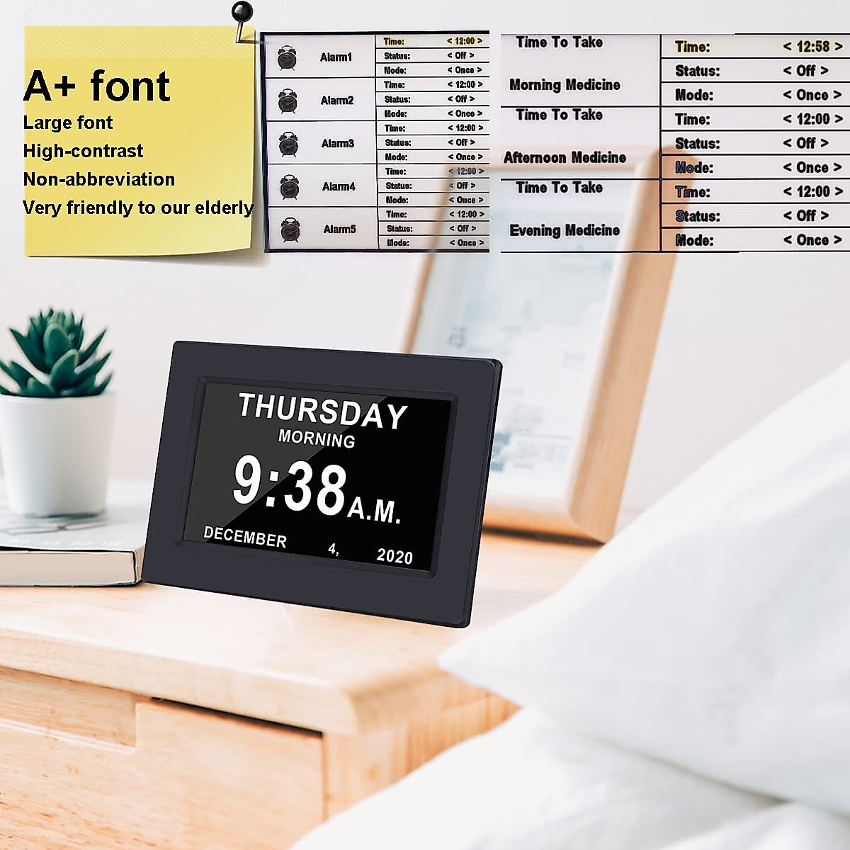 AINFTIME Clock with Day and Date for Elderly-3 Colors Display Digital Calendar Alarm Clock Dementia Alzheimers Clock with Extra Large Display (7in Black)