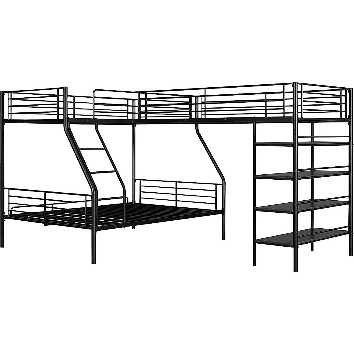 DNYN Twin Over Full Bunk Bed for Kids,L-Shaped Metal Bedframe with Loftbed Style & 4 Built-in Shelves,Perfect for Dorm,Bedroom,Guest Room,No Box Spring Needed,117.2"x77.5"x62.9", Black