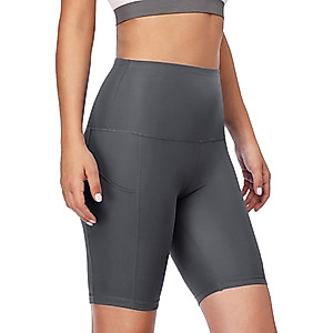 CADMUS Women's High Waist Spandex Yoga Shorts for Bike Running Two Side Pockets,10,Black,Grey,Navy Blue,Medium