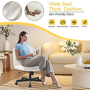 Fuqido Criss Cross Chair with Wheels, Wide Seat Cross Legged Armless Office Chair, Swivel Vanity Chair Height Adjustable, Fabric Ergonomic Office Desk Chair, Computer Chairs for Living Room Makeup