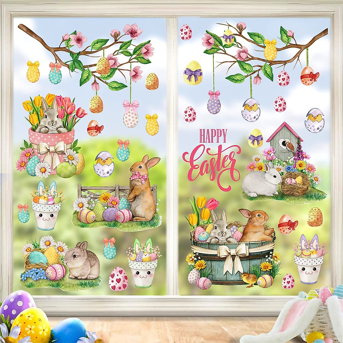 Happy Easter Wall Stickers Bunny Rabbit Wall Decals Peel and Stick Wall Art Decal Easter Egg Wall Decal Spring Flower Tree Branch Window Clings for Kids Room Nursery Living Room Kitchen Decor Gifts