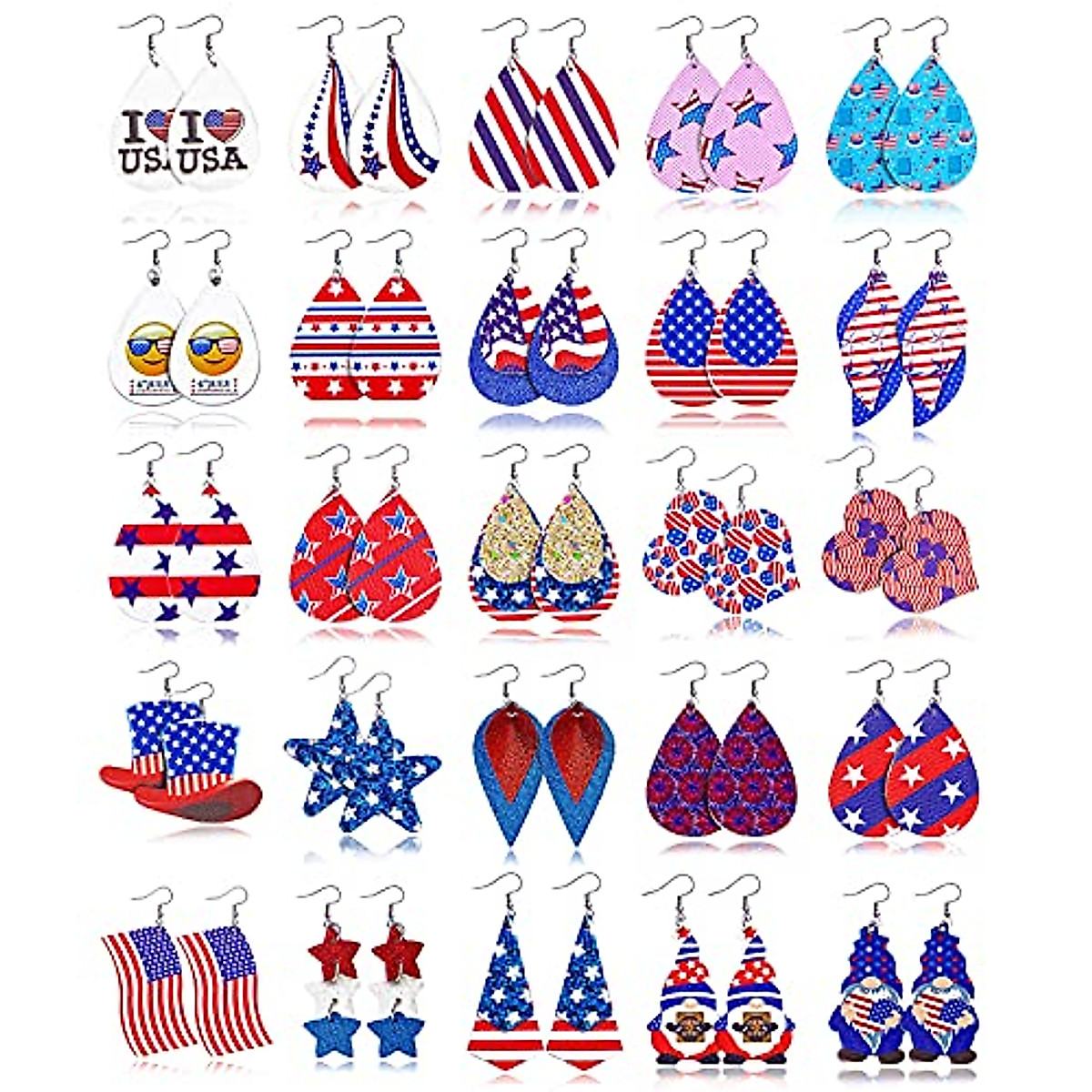 MOROYA 25 Pairs 4th of July Independence Day Leather Earings for Women Lightweight Star Gnome Smile Hat Patriotic Teardrop Dangle Earrings American Flag Earrings Set July 4th Decoration
