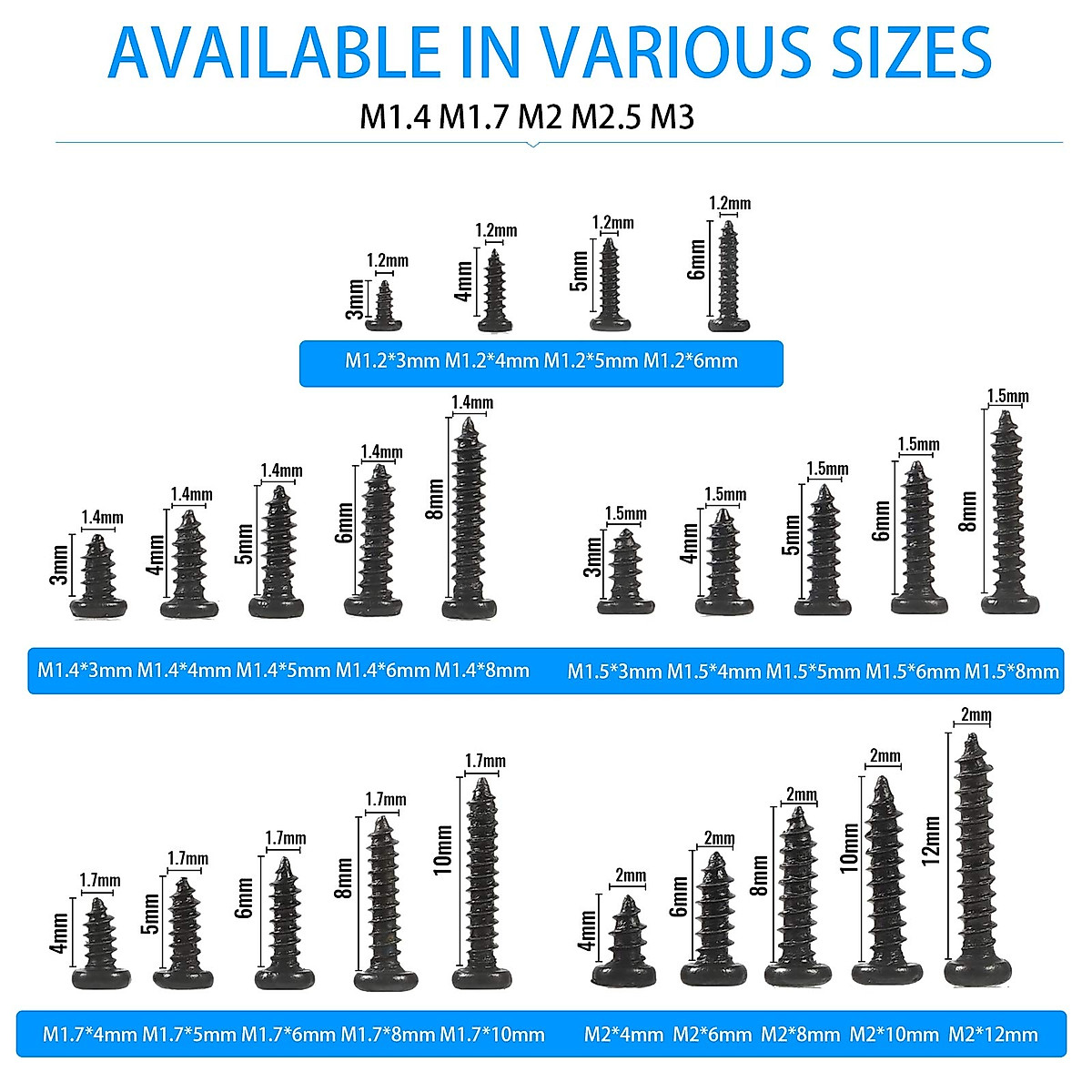 MEIYYJ 1100pcs Round Pan Head Tapping Screws Laptop Notebook Computer Screws Kit,M1.2,M1.4,M1.5,M1.7,M2 countersunk Phillips Mini Screw Set for Electronic Repair (1100PCS)