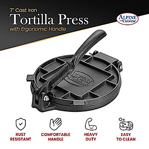 Alpine Cuisine Professional Cast Iron Tortilla Press, 7" Tortilla Maker, Comfortable Handles Allows Perfect Pressure, Heavy Duty Quesadilla Maker - Pataconera for Corn or Flour Tortilla