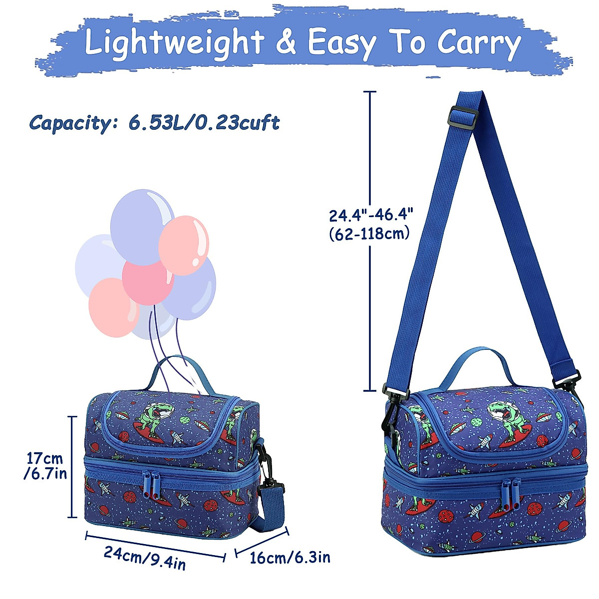 Kasqo Lunch Box Bag for Boys, Insulated Cooler Bag Kids Lunch Tote with Dual Compartments, Blue Dinosaur