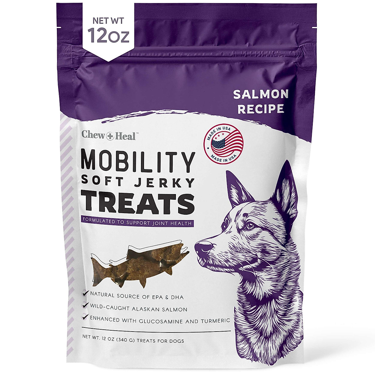 Chew + Heal Labs Dog Salmon Jerky Treats for Hip and Joint - 12 oz of Mobility Soft Dog Jerky Treats - Made with Alaskan Salmon, Turmeric, Glucosamine, Chondroitin, Green Lipped Mussel, and More