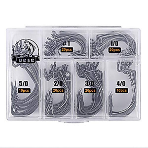 UCEC Fishing Hooks, 100pcs/box Offset Wide Gap 2X Strong Worm Hooks Senko Bait Jig Fish Hooks for Bass Trout Saltwater Freshwater Size:#1 1/0 2/0 3/0 4/0 5/0