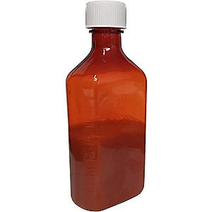 Plastic Amber Liquid Medicine Bottles with Child Resistant Caps 4 oz Pack of 5 Oval Pharmaceutical Prescription Dispensing Bottle with Safety lids - Light-sensitive Pharmacy Container (4oz. 5 Pack)