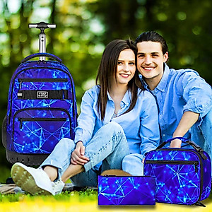 FTJCF 3PCS Rolling Backpack, 19 Inche Roller Bag with Wheels for Adults, Aurora Wheeled Bookbag Set for Men Boys(Blue)