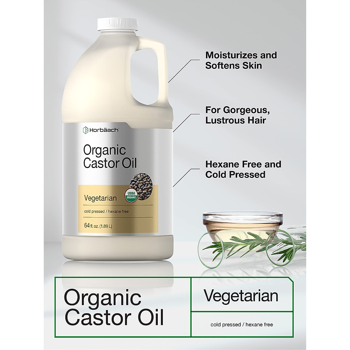 Horbäach Organic Castor Oil 64 fl oz | for Topical Use and Hair | Cold Pressed, Hexane Free | Vegetarian, Non-GMO