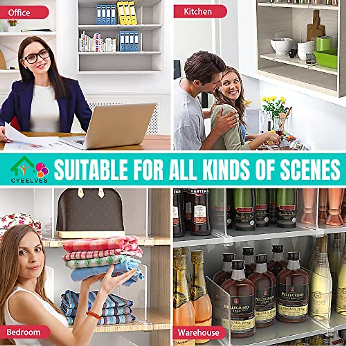 6 Pack Closet Shelves, Shelf Dividers, Clear Acrylic Shelf Divider for Closets, Wood Shelf Dividers Purse Organizer Separators, Closet Shelf Organizer for Kitchen Cabinets Storage Clothes Organization