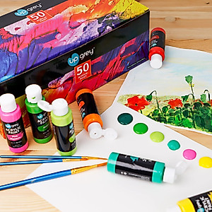 UPGREY 50 Colors Acrylic Paint Set, Non Toxic Art Paints (2fl Oz/60ml Each) With 5 Craft Paint Brushes, Metallic Acrylic Paints Kids Adults for Canvas Crafts Stone Wood Ceramic And Model Painting