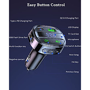 LIHAN FM Transmitter Car Bluetooth Adapter, LIHAN Wireless Aux Radio, Hands-Free Call, Type-C & Fast Car Charger, MP3 Music Player, Support USB Drive/TF Card