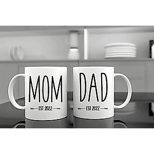 Pregnancy Gift Est 2022 - New Mom and Dad Est 2022 11 oz Mug Heart Set with"Let Adventure Begin" Romper (0-3 Months) - Top Mom and Dad Gift Set for New and Expecting Parents to Be - Baby Shower