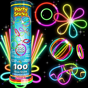 PartySticks Bulk Party Supplies 205 Piece Glow in The Dark 100 Glow Sticks with Eye Glasses, Bracelets, and Connectors